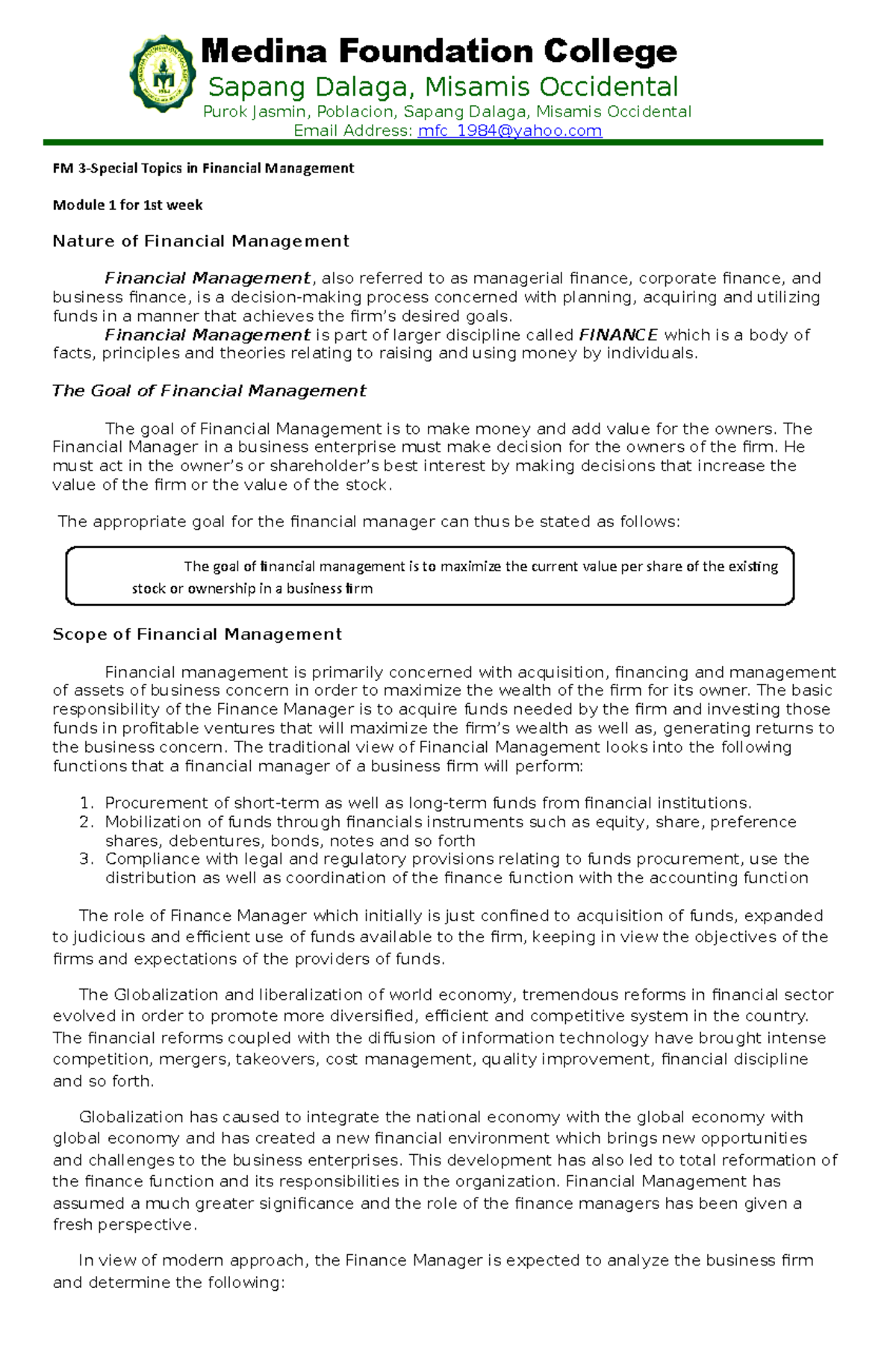 Special Topics in Financial Management - Medina Foundation College ...