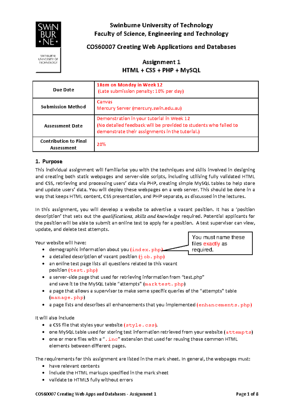 COS60007 Assignment 1 2020 - Swinburne University of Technology Faculty ...