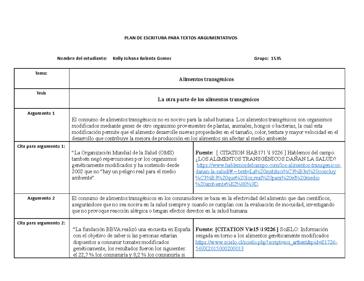 Plan de escritura textos argumentativos - PLAN DE ESCRITURA PARA TEXTOS ARGUMENTATIVOS Nombre ...