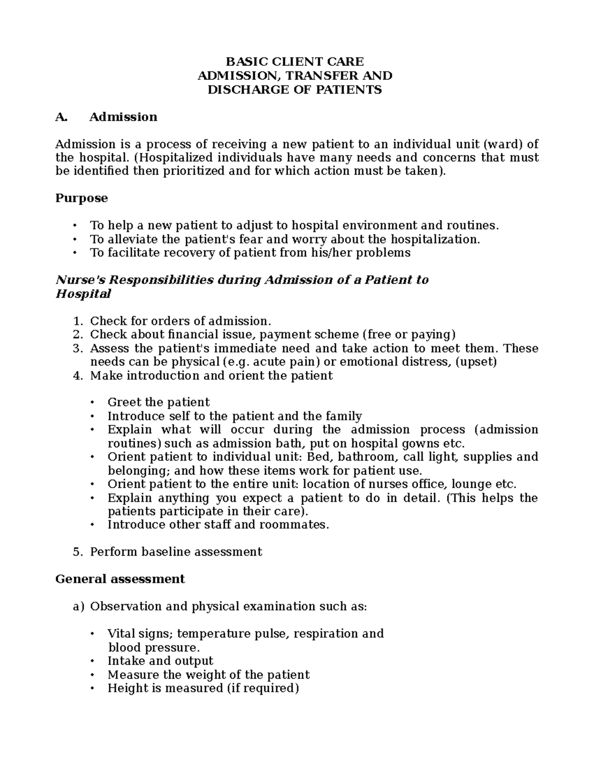 Basic Client CARE Admission, Transfer AND Discharge OF Patients - BASIC ...