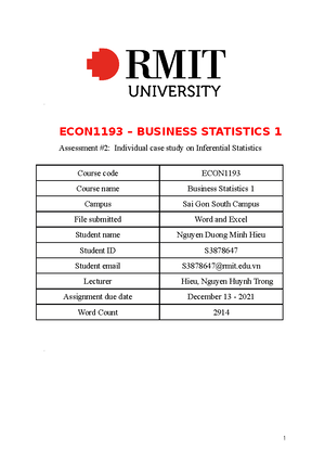 Business Statistics - ASM 3 - Assignment 3a Team Report Course Name ...