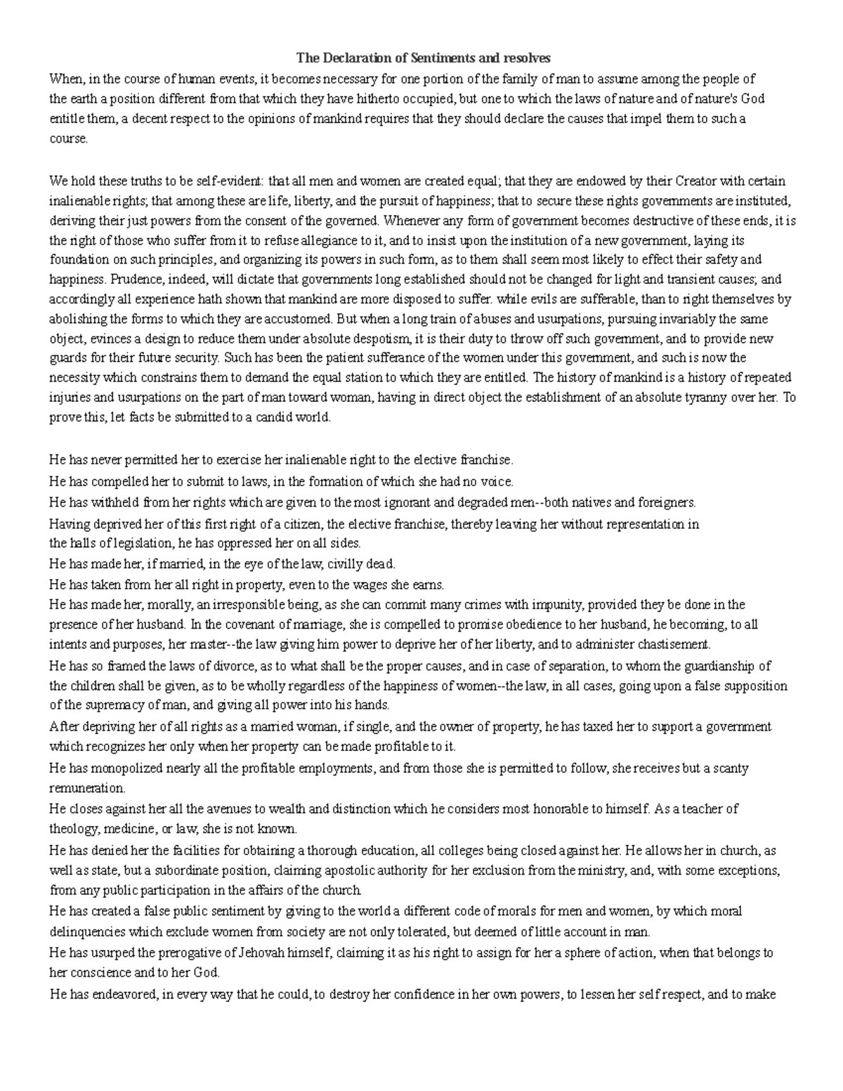 The Declaration of Sentiments and resolutions - The Declaration of ...