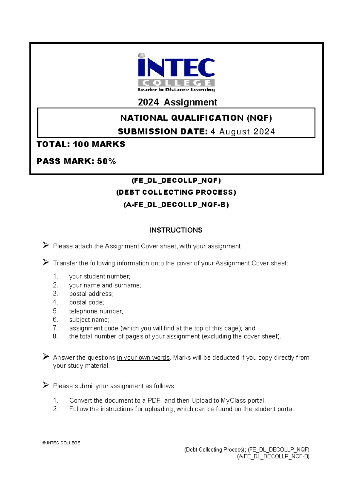 FE DL Decollp NQF - Summary Diploma in Paralegal - © INTEC COLLEGE ...