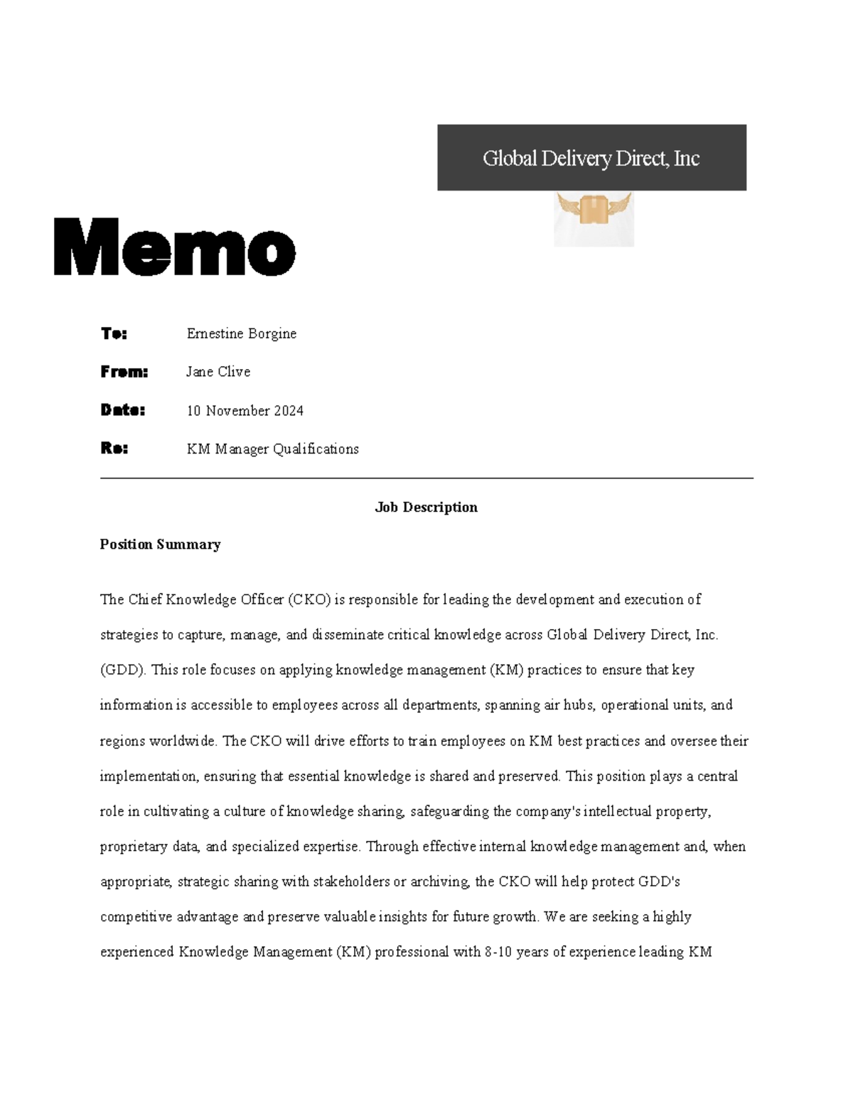 BMGT 305-Week 08-Memo - GDD Memo & job description. - Global Delivery ...