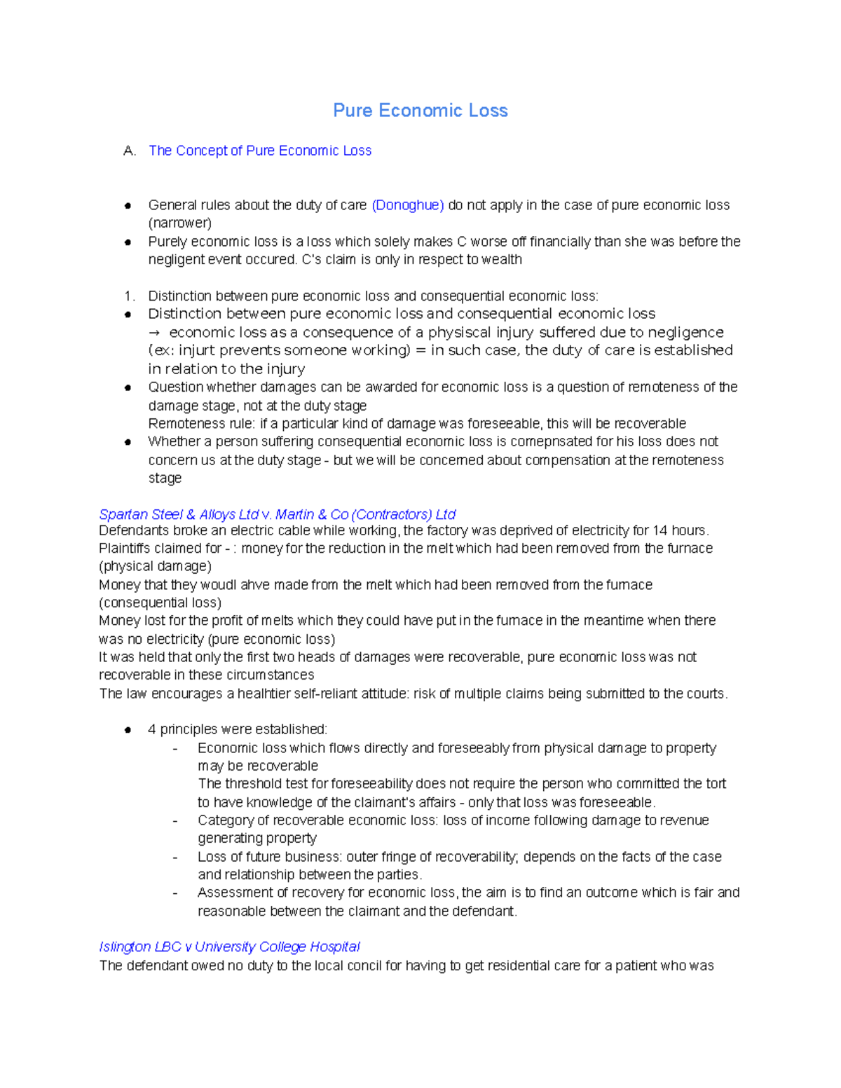 Lecture 5 Tort Law - Revisions - Pure Economic Loss A. The Concept of ...