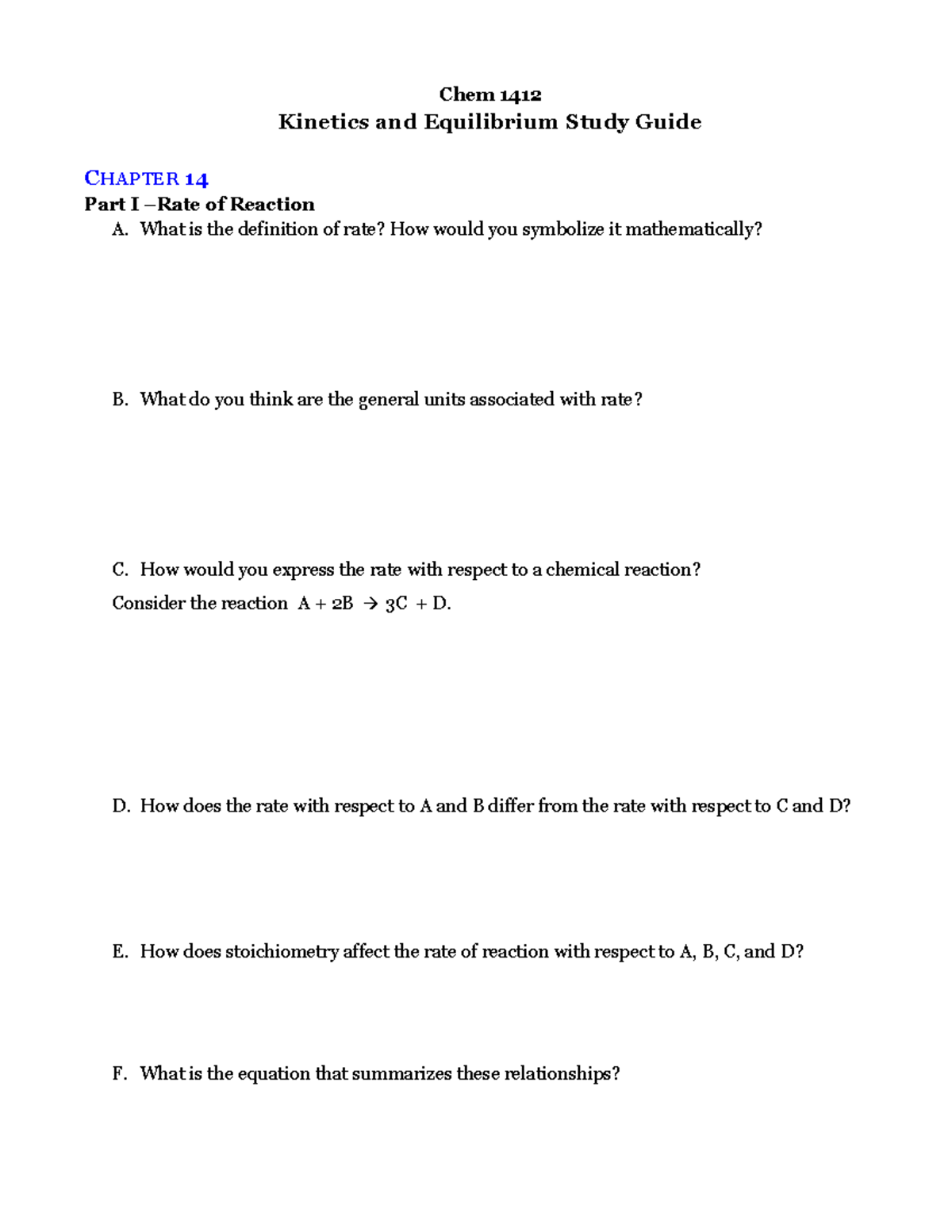 Study Guide Chapter 14-15 - Chem 1412 Kinetics and Equilibrium Study ...