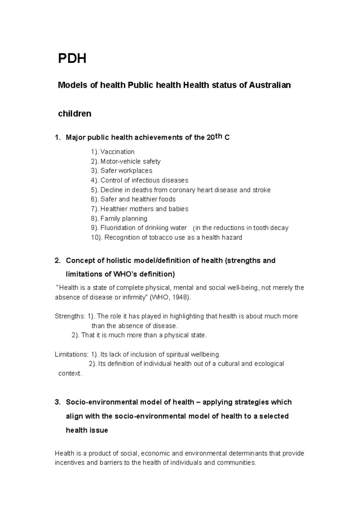 PUBH revision - summary notes - PDH Models of health Public health ...