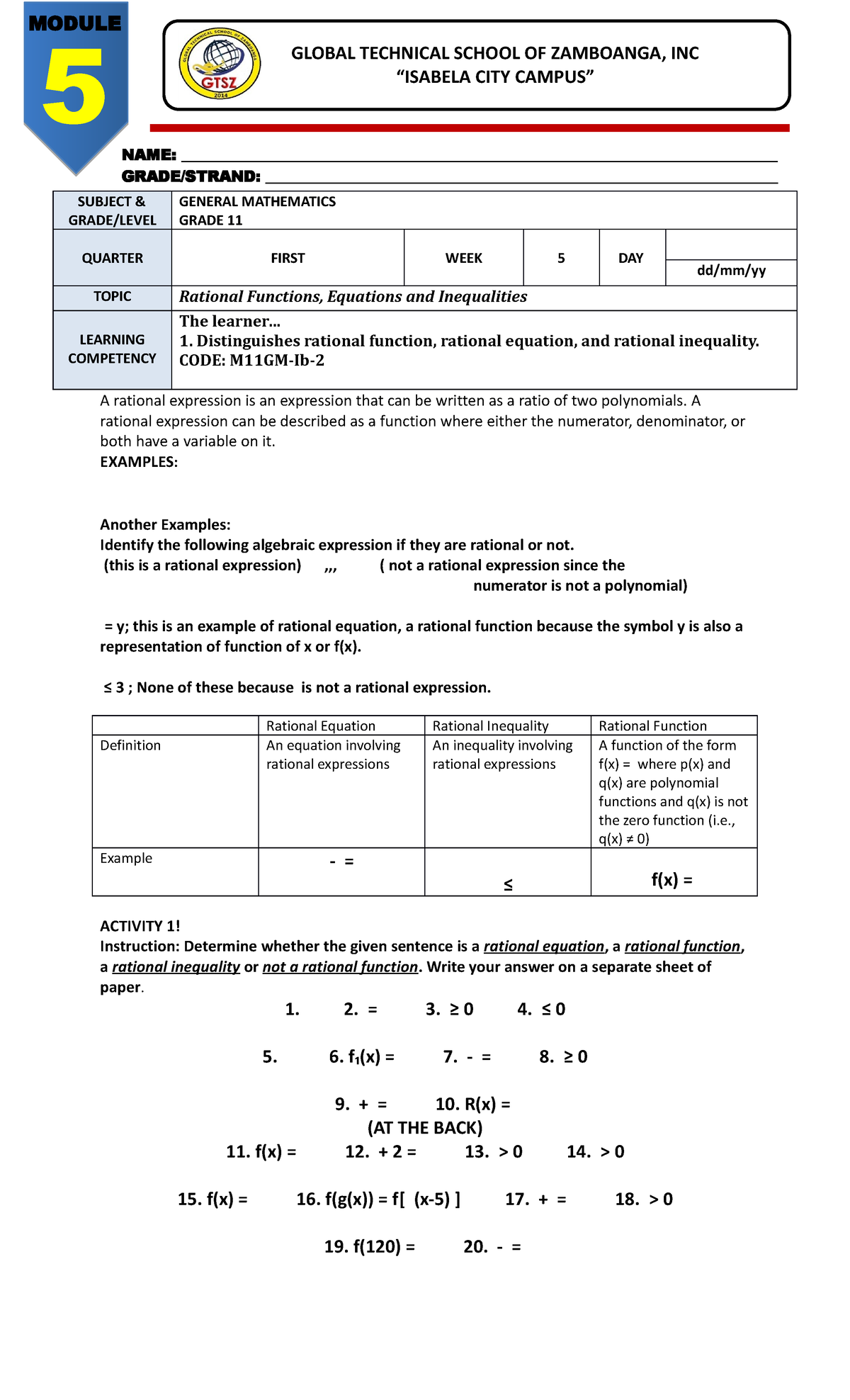 Gen math module 5 - Jsjsjsjssksjsjsjsj - SUBJECT & GRADE/LEVEL GENERAL ...