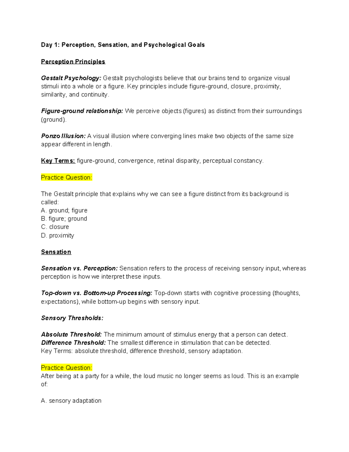 Day 1 Perception, Sensation, and Psychological Goals - Key principles ...