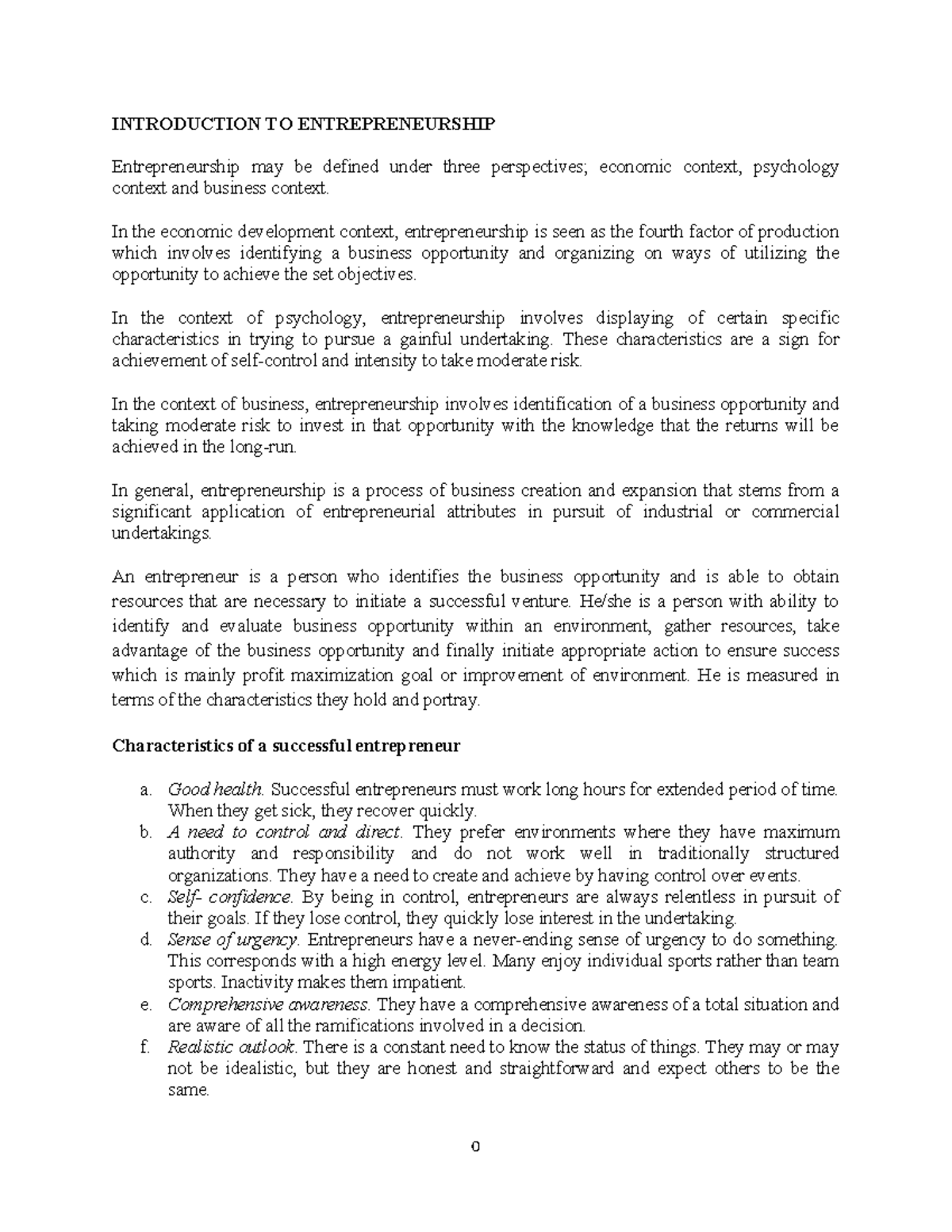 Entrepreneurship notes - INTRODUCTION TO ENTREPRENEURSHIP ...