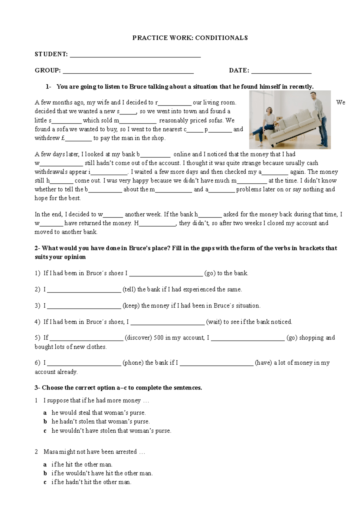 Practice WORK - unit 12 - Conditionals - PRACTICE WORK: CONDITIONALS ...