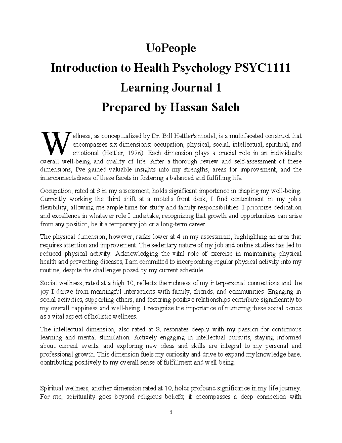 Learning Journal 1 - UoPeople Introduction to Health Psychology PSYC ...
