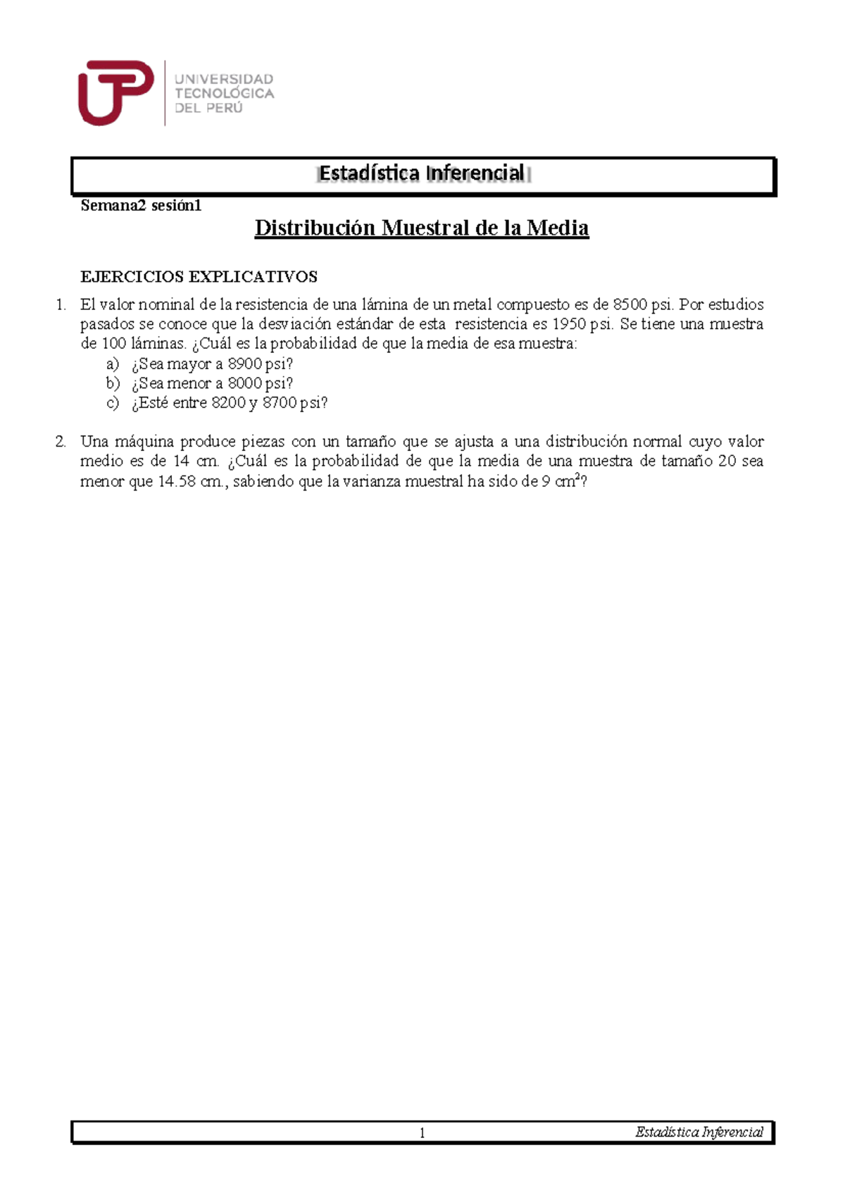 Ejercicios DE Distribucion Muestral - Estadística Inferencial Semana2 sesión Distribución ...