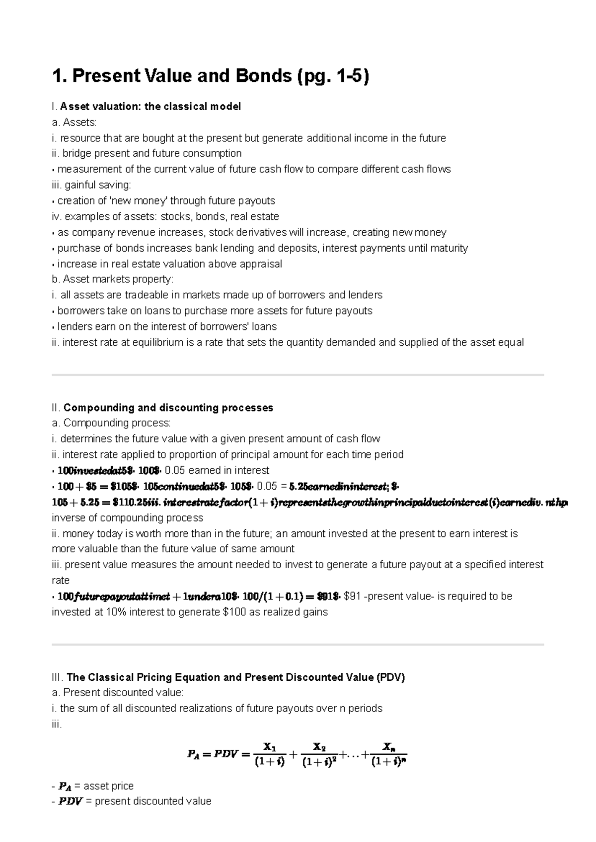 1. Present Value and Bonds (pg. 1-5) - 1. Present Value and Bonds (pg. 1-5) I. Asset valuation ...