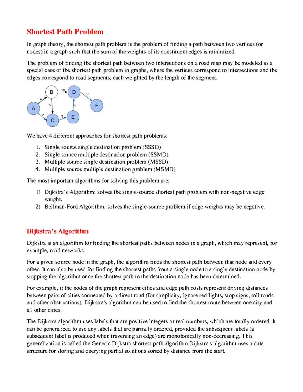Shortest Path - The problem of finding the shortest path between two ...