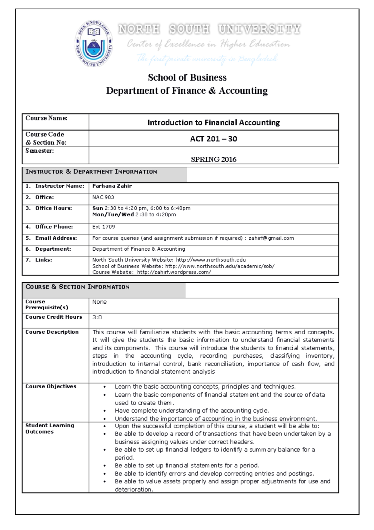 Act 201 course outline - School of Business Department of Finance ...