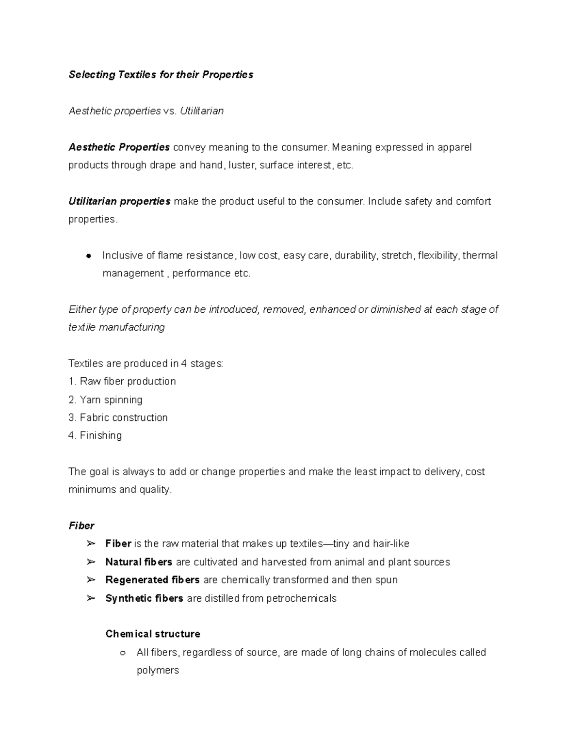 FM 110 Chapter 1 lecture notes - Selecting Textiles for their ...