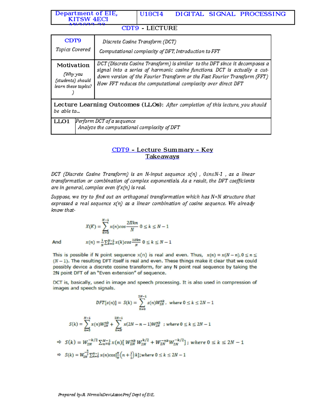 DSP CDT9 Summary ECI RND - CDT Topics Covered Discrete Cosine Transform (DCT) Computational ...