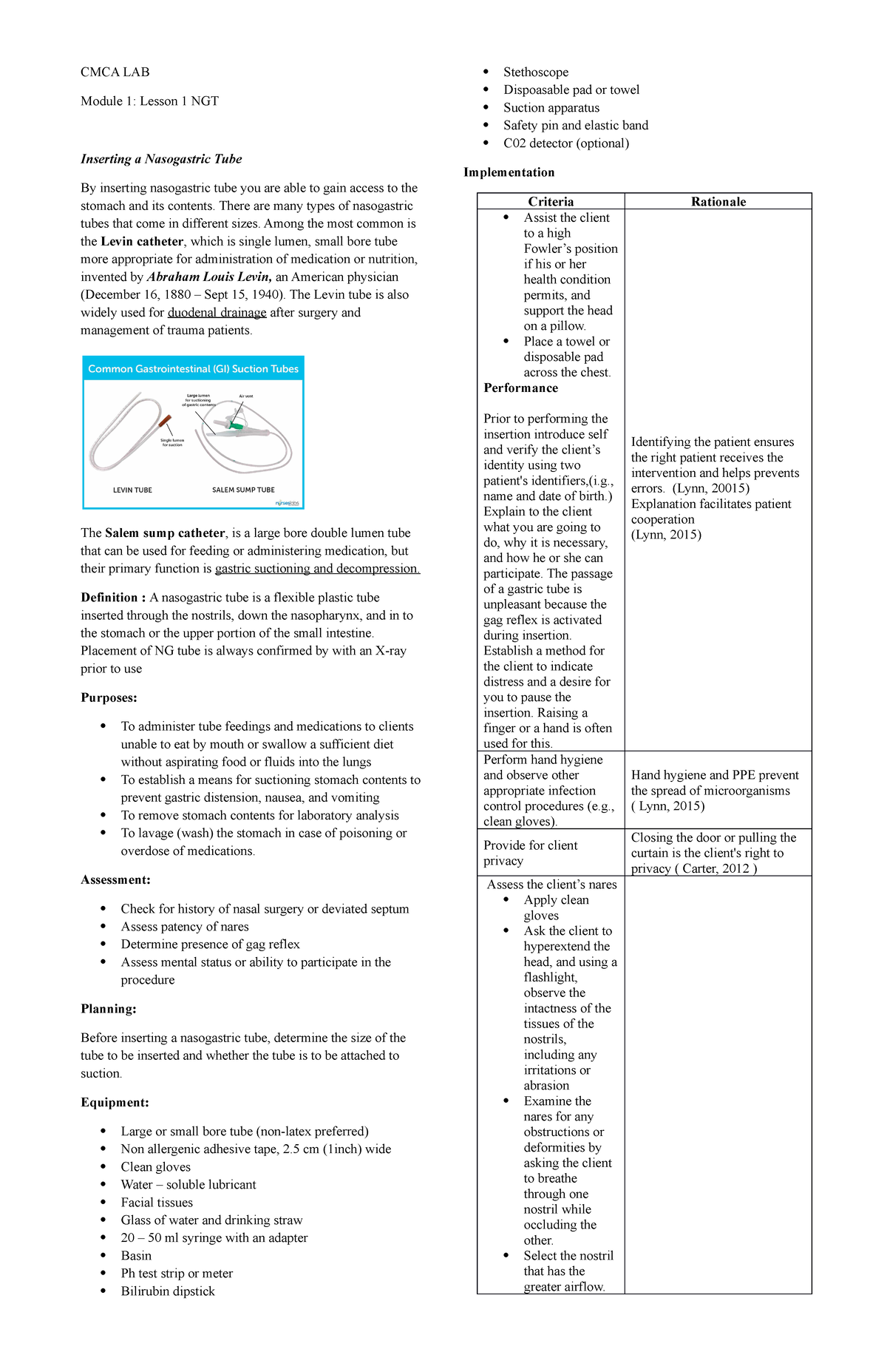 CMCA LAB - Module 1 - LAB CARE FOR MOTHER - CMCA LAB Module 1: Lesson 1 NGT Inserting a ...