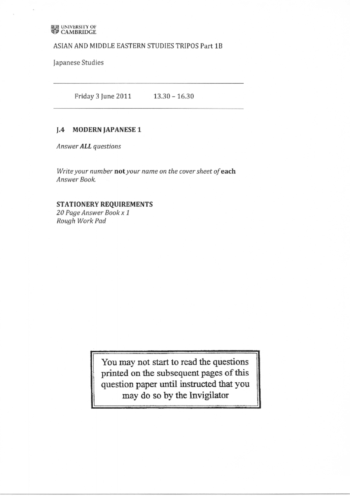 Exam 2011, questions - Exam 1 - UNIVERSITY OF CAMBRIDGE ASIAN AND ...