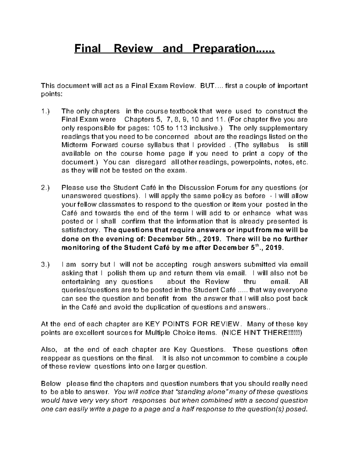 Fall 2019 Final Exam Review Sheet - Final Review and Preparation ...