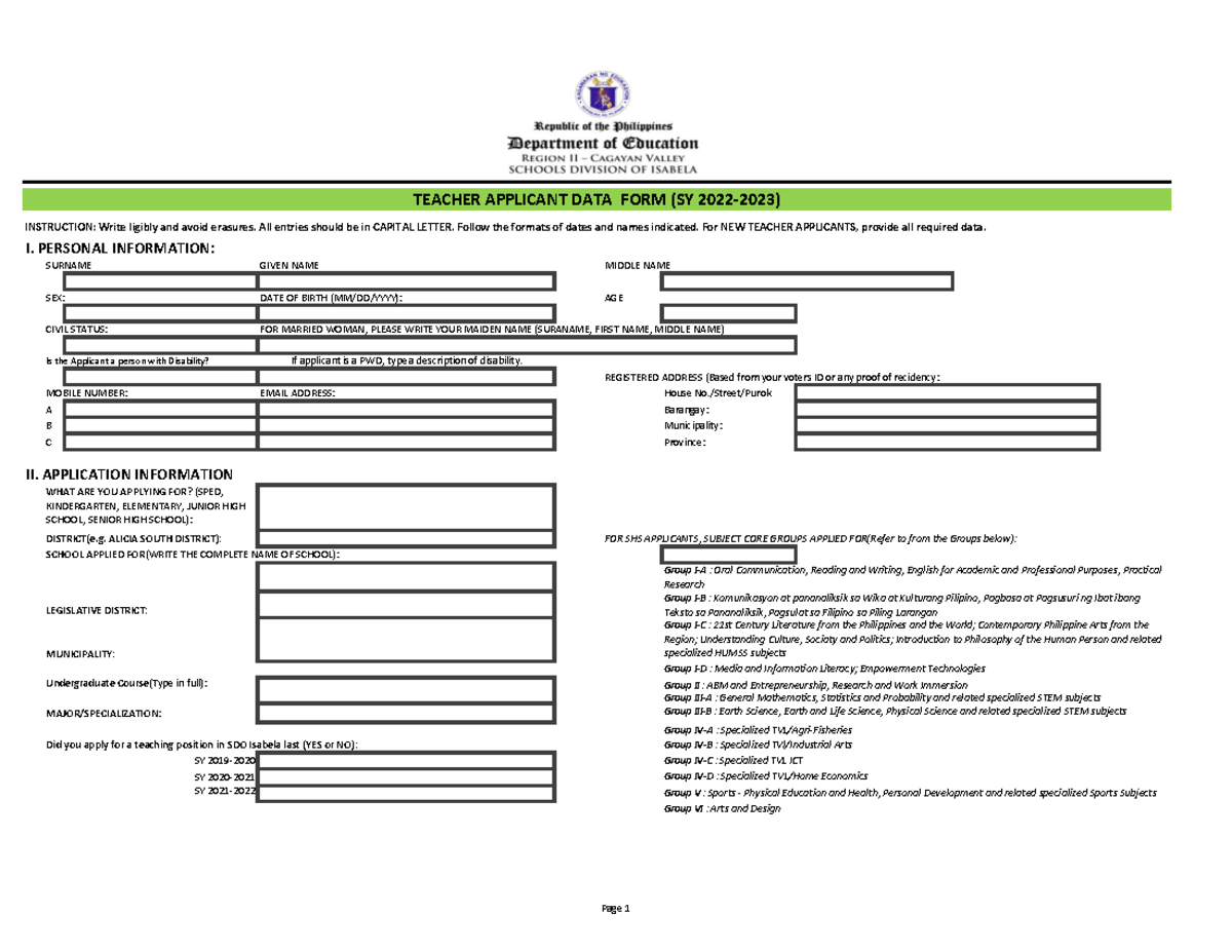 Teacher Applicant DATA FORM - INSTRUCTION: Write ligibly and avoid ...
