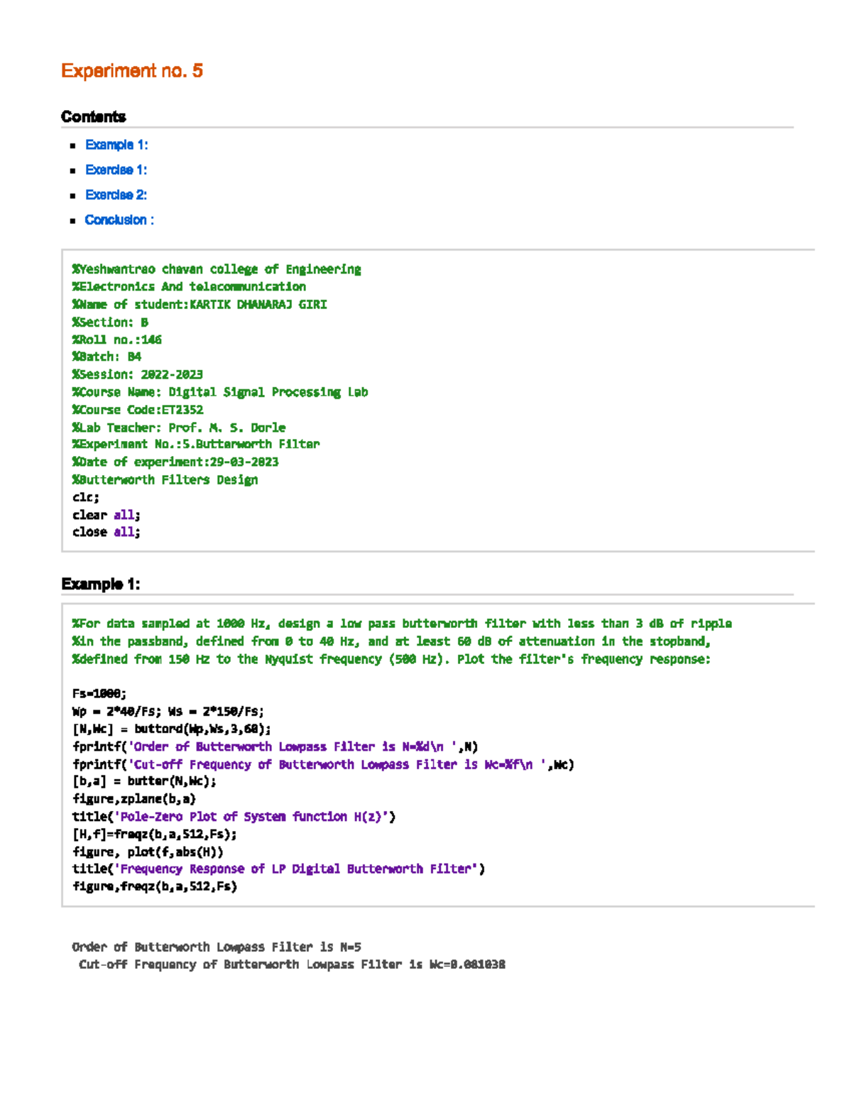 Dsplab 5 Assignment 146 - 2001 - Studocu