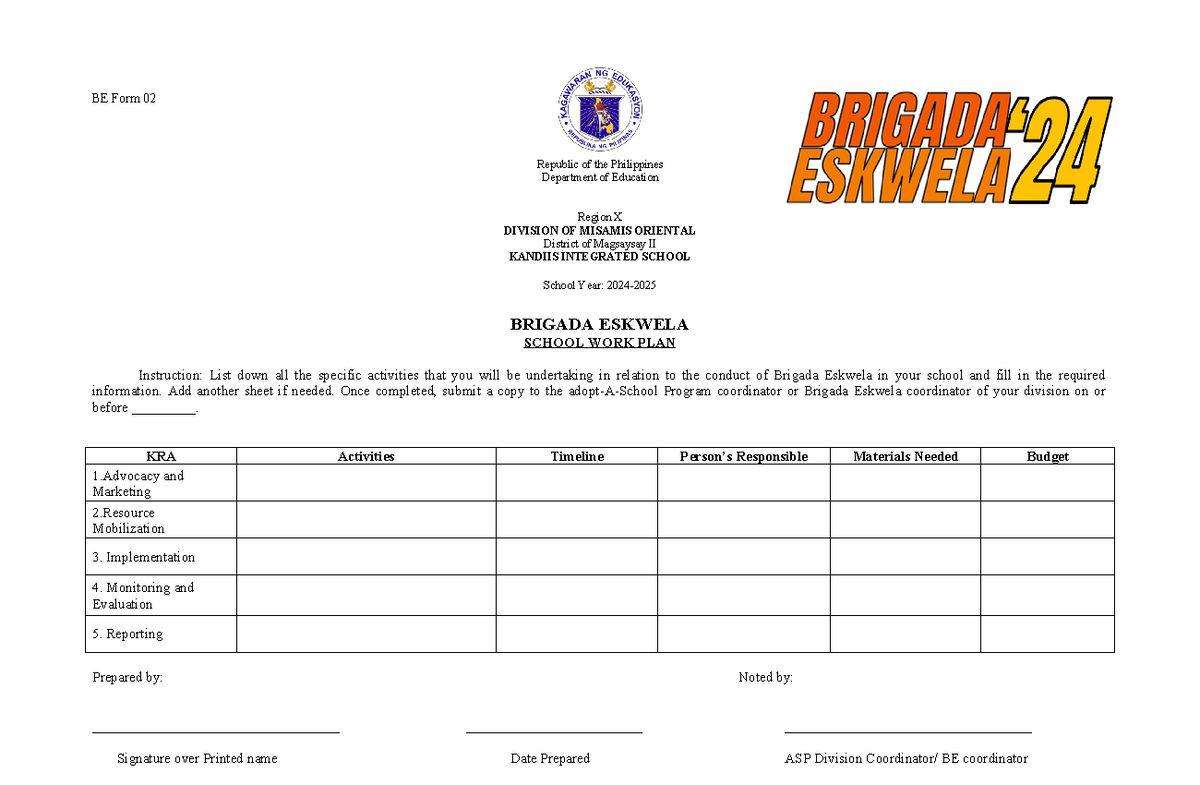 BE-Form-2 - Brigada Eskwela Forms - BE Form 02 Republic of the ...