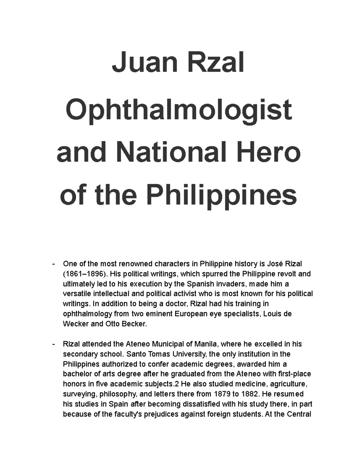 Jose Rizal 2 - Juan Rzal Ophthalmologist and National Hero of the ...