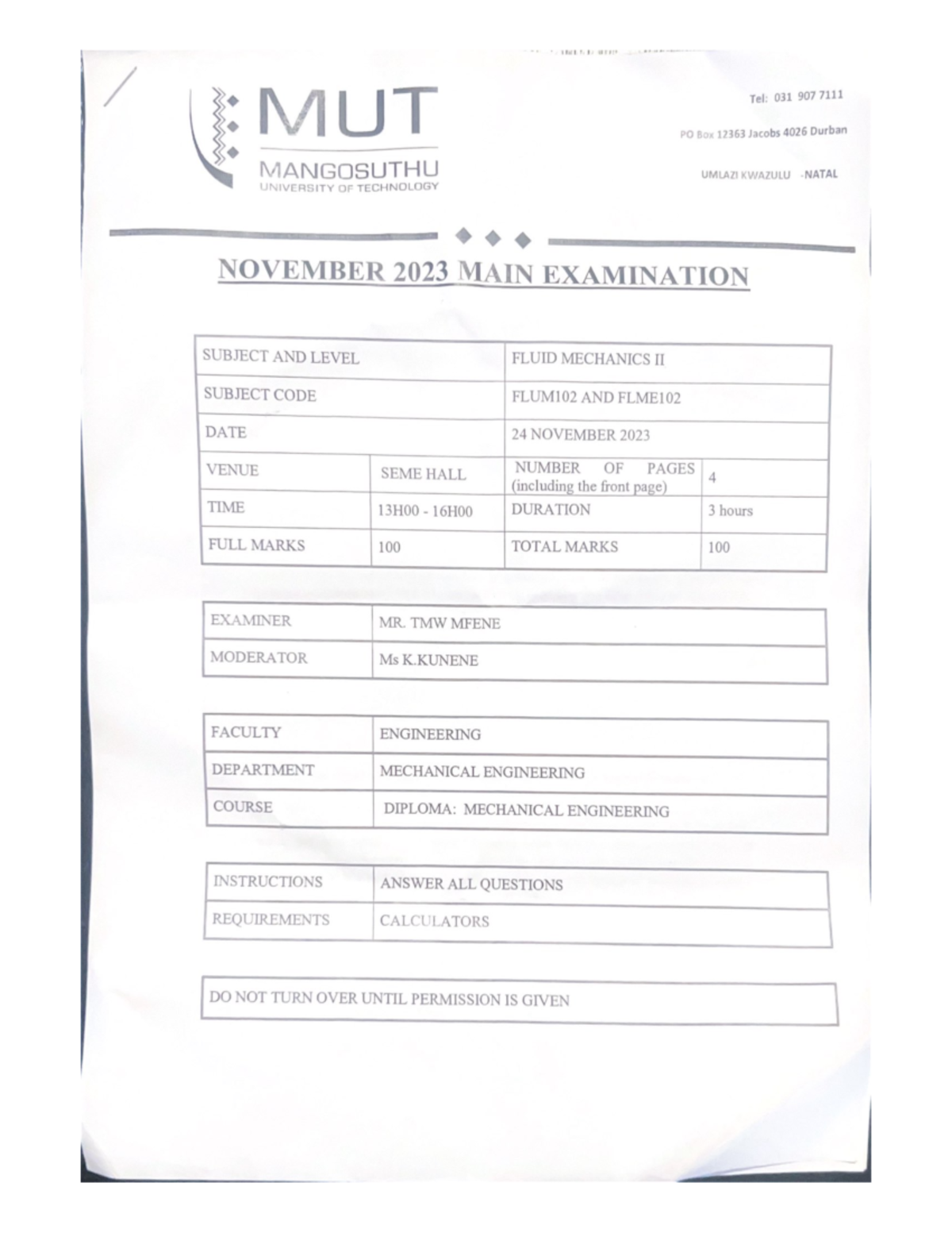 FLUM102 NOV 2023 Exam - exam paper - MUT Tel: 031 907 PO Box 12363 ...