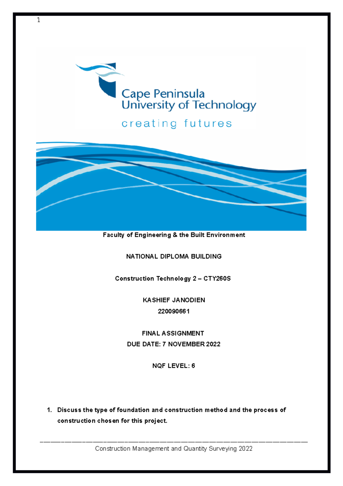 Final Assignment - CTY260S - Faculty of Engineering & the Built ...