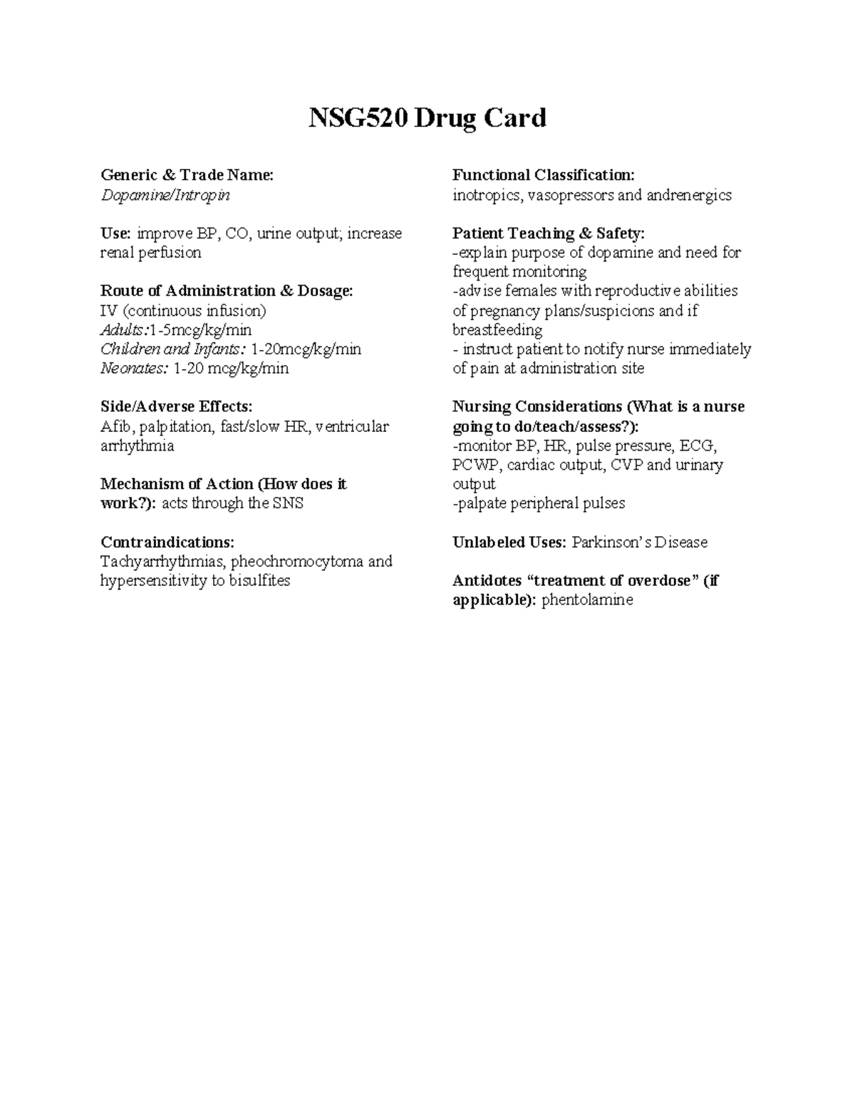 Dopamine Drug Card - NSG520 Drug Card Generic & Trade Name: Dopamine ...