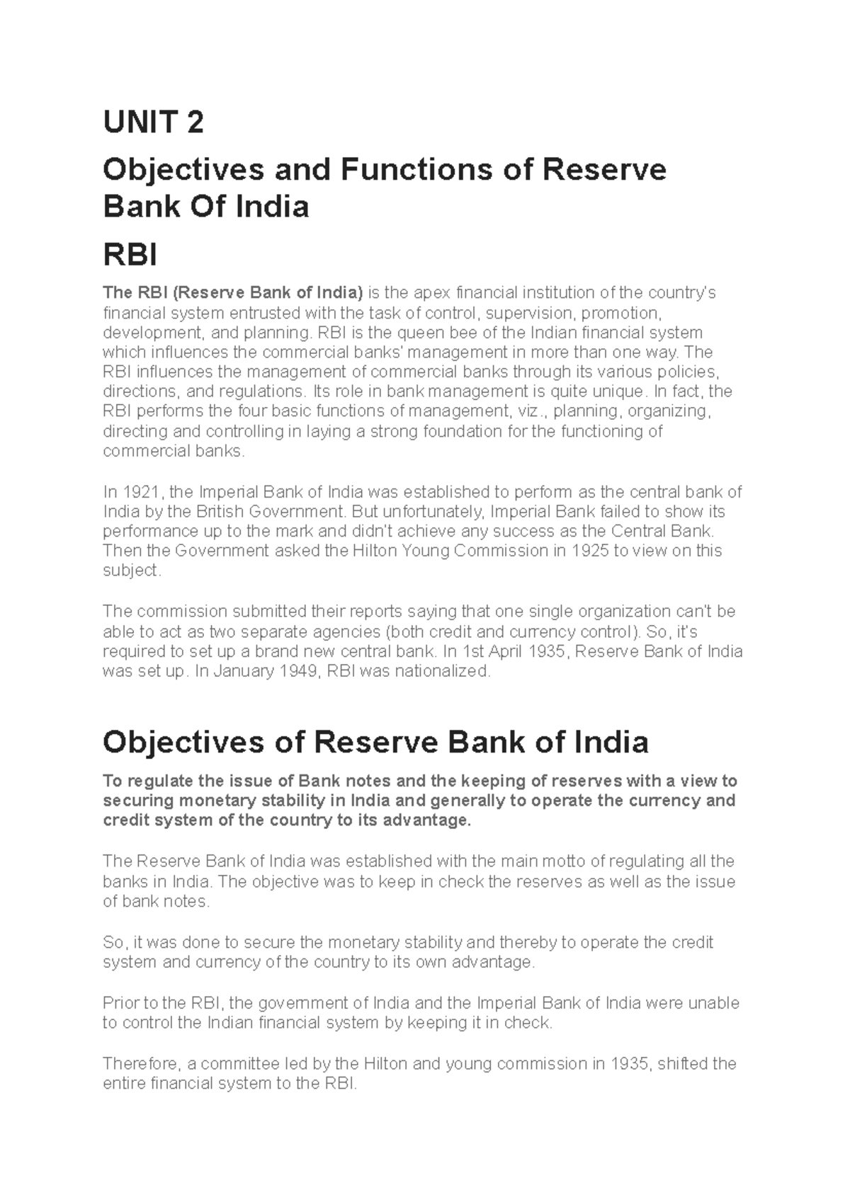 Banking law unit 2 - easy notes - UNIT 2 Objectives and Functions of ...