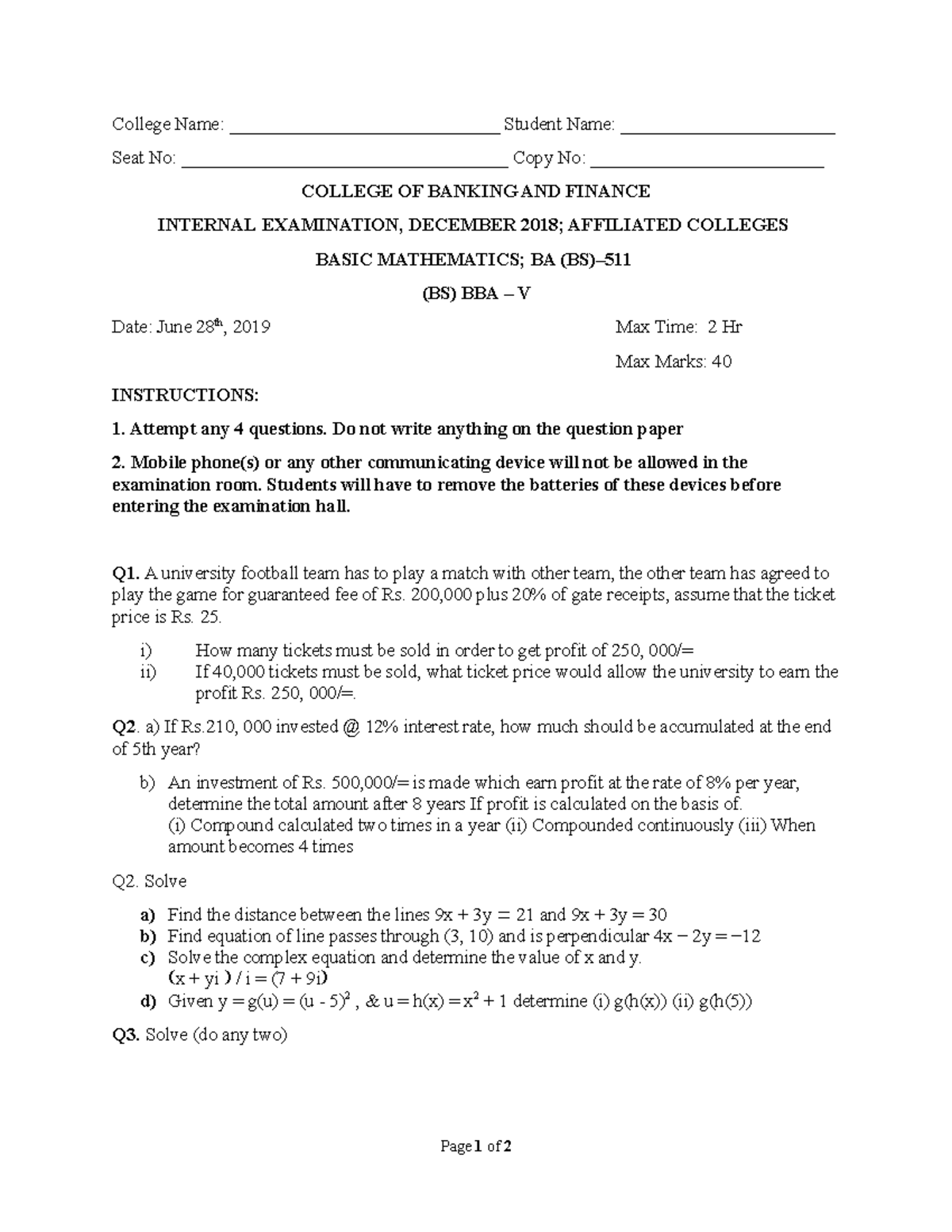 Basic Mathematics BS V - It's a test paper set as per the business ...