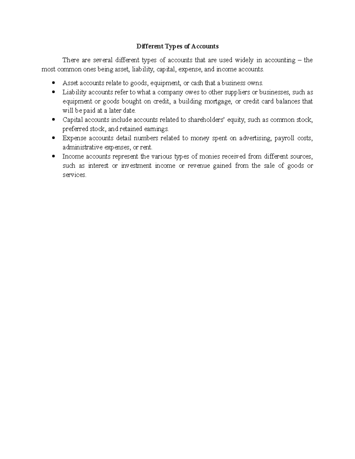 Fundamentals Of Accounting Different Types Of Accounts Different