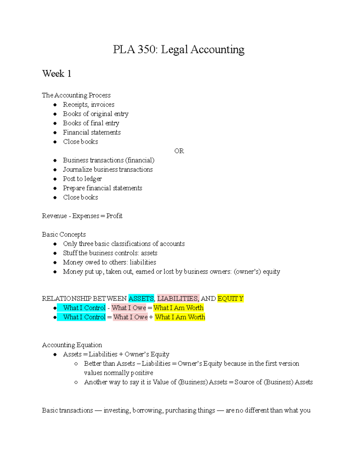 PLA 350 - 2 weeks of lecture notes - PLA 350: Legal Accounting Week 1 ...