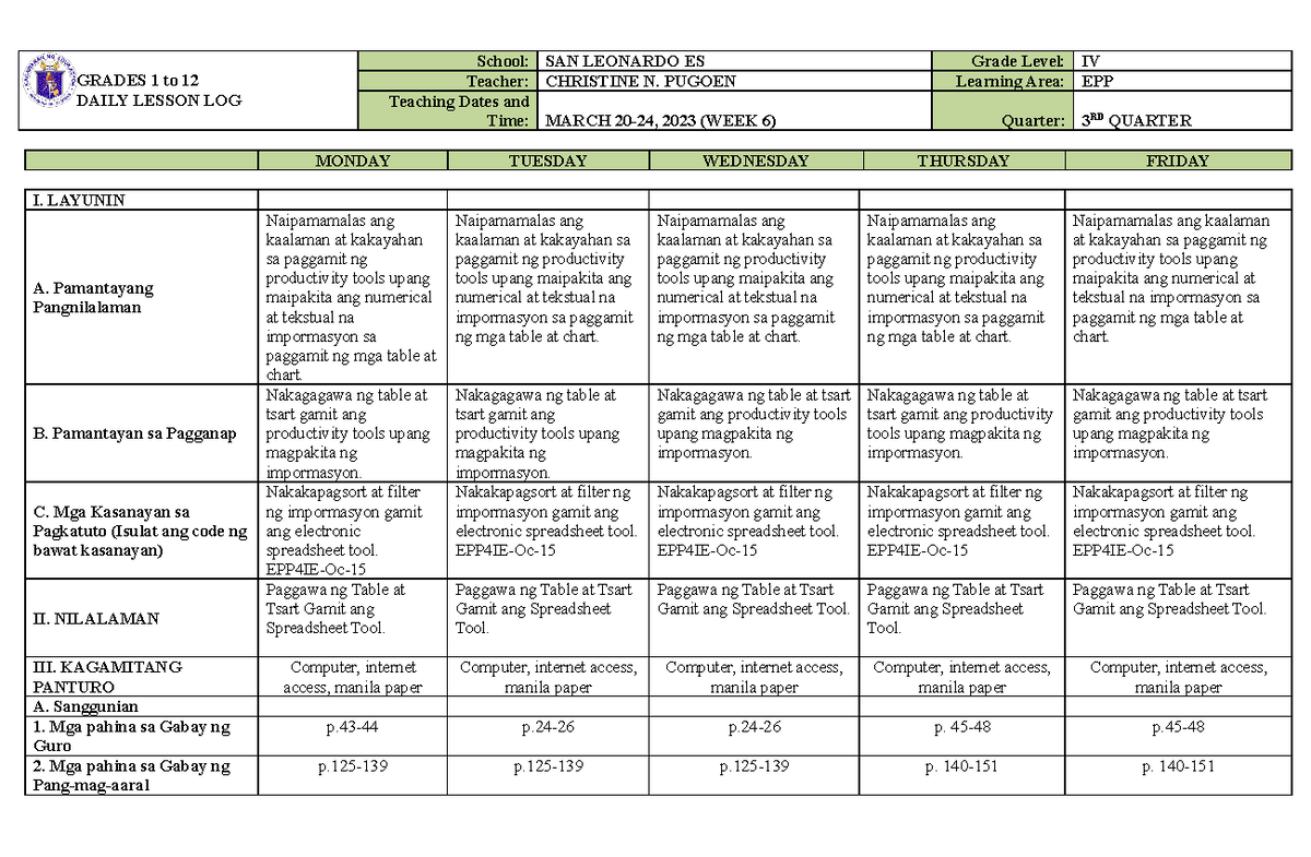 DLL EPP 4 Q3 W6 - non teaching - GRADES 1 to 12 DAILY LESSON LOG School ...
