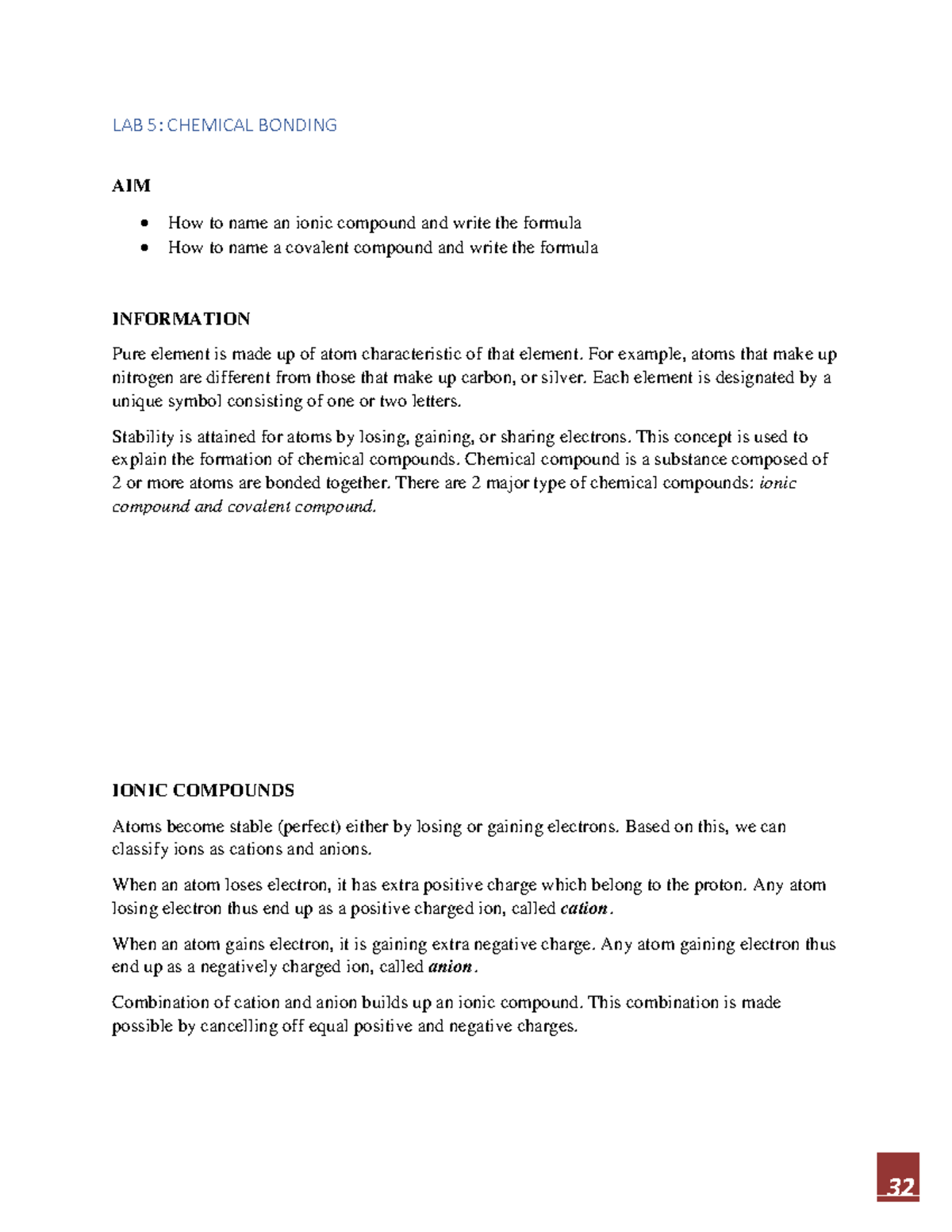 Lab 5- Polyatomic ions - LAB 5: CHEMICAL BONDING AIM How to name an ...
