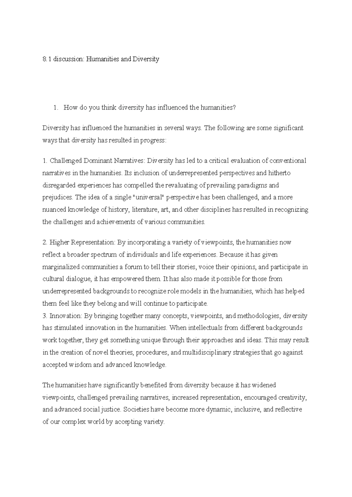 8.1 Humanities and Diversity - 8 discussion: Humanities and Diversity 1 ...