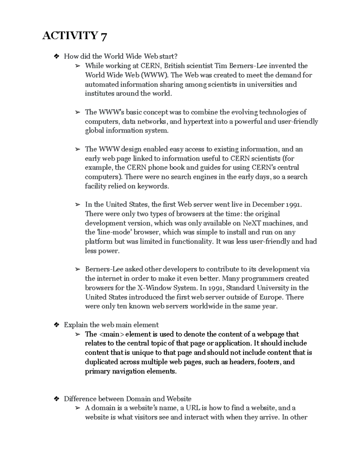 IT01 Activity 7 - The World Wide Web - ACTIVITY 7 How did the World ...