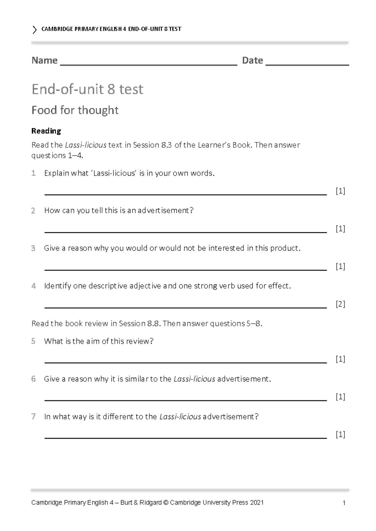 Pri eng 2ed tr4 unit 8 end of unit test 8 - CAMBRIDGE PRIMARY ENGLISH 4 ...