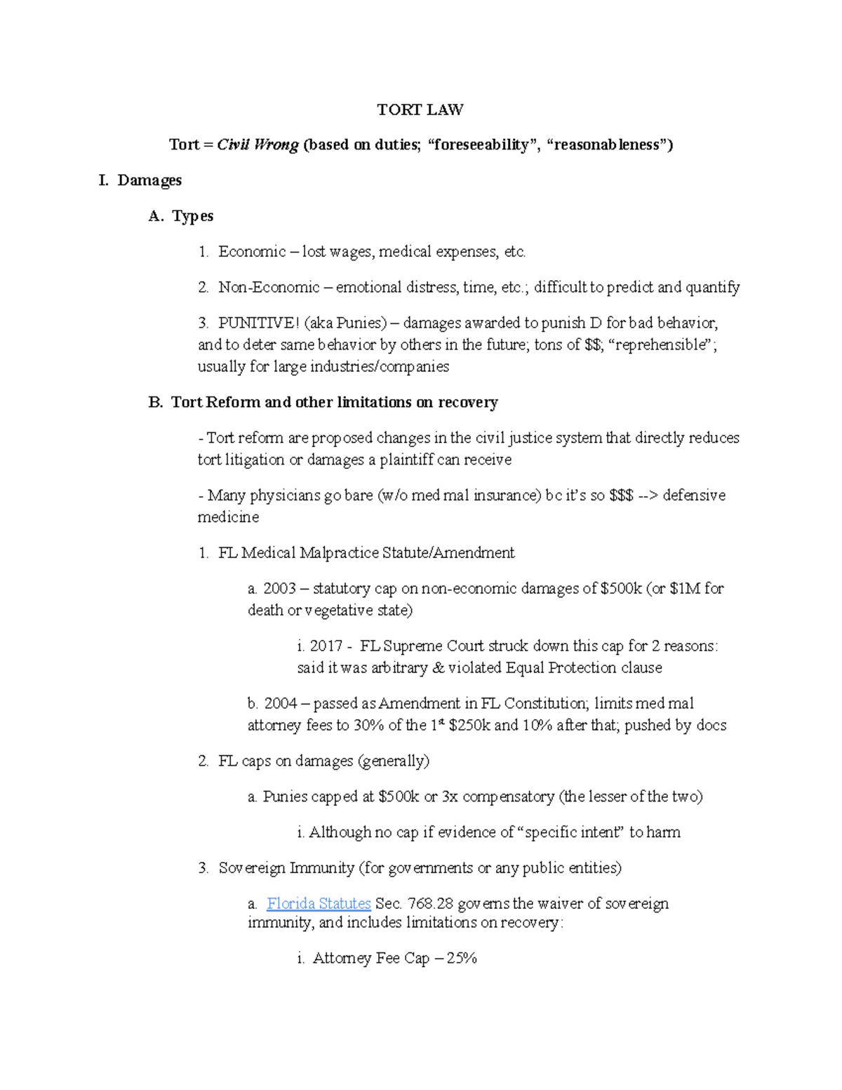 Outline 4Torts - Dr. Turner class notes - TORT LAW Tort = Civil Wrong ...