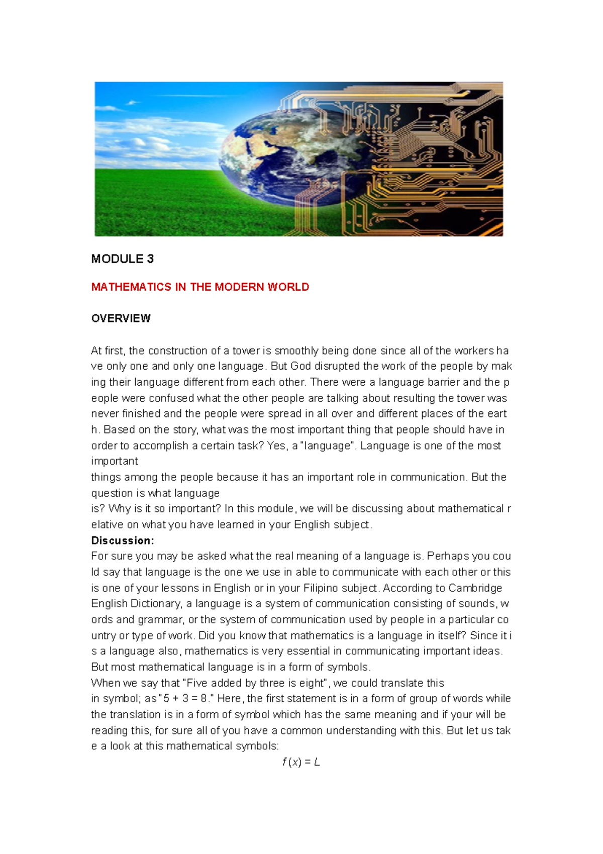 Module MMW 3 - MODULE 3 MATHEMATICS IN THE MODERN WORLD OVERVIEW At ...