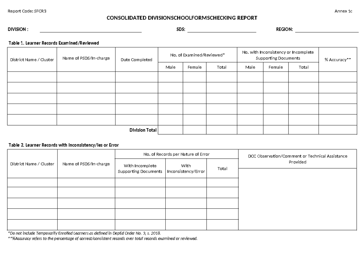 Consolidated Division School Forms Checking Report - Report Code: SFCR3 ...