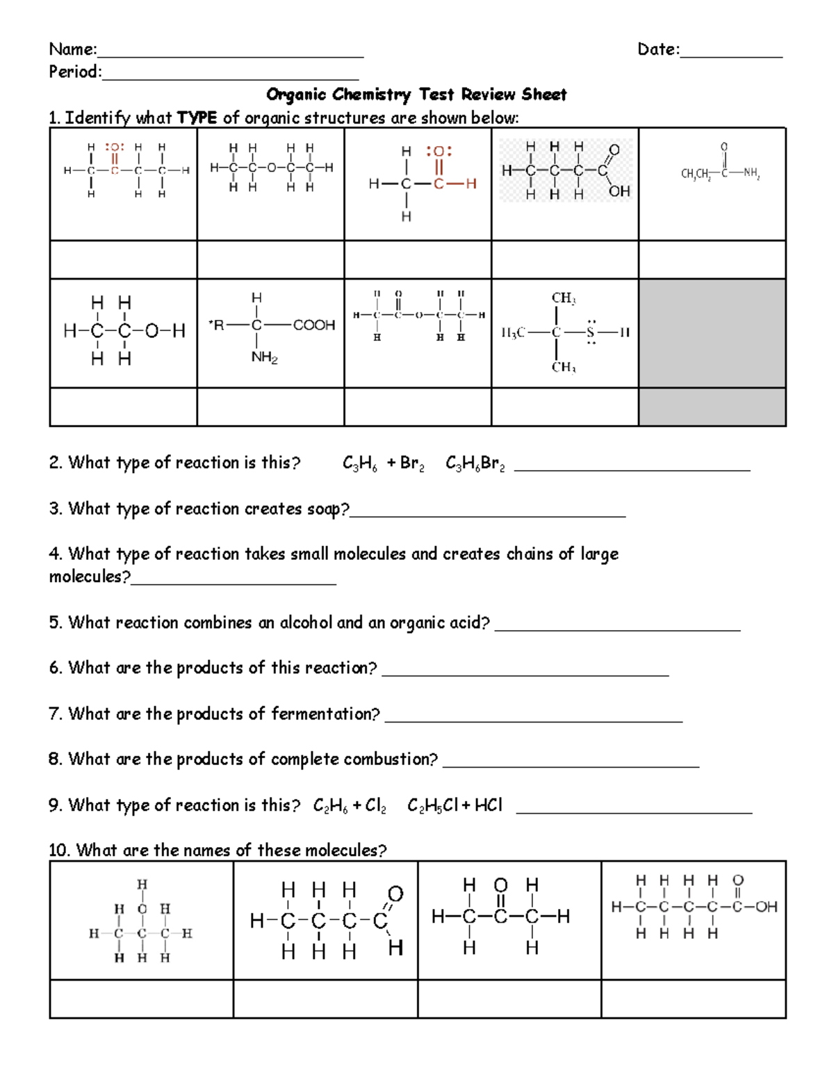 Organic Chemistry Review Sheet - Name:__________________________ Date ...