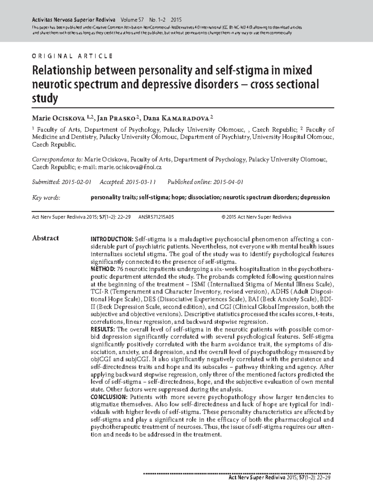 Personality and self-stigma - Act Nerv Super Rediviva 2015; 57 (1–2 ...