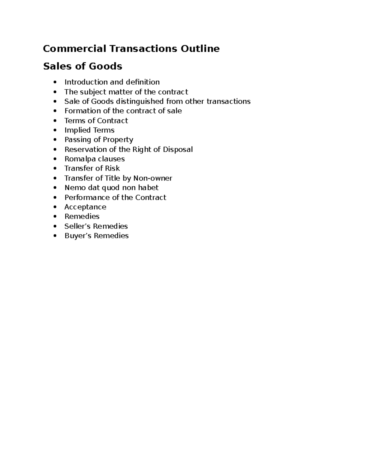 CT II Outline - Commercial Transactions Outline Sales of Goods ...