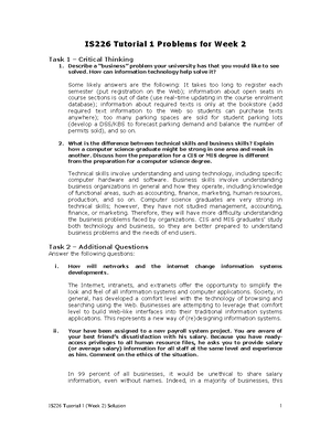 Week 3 Tutorial Solution - IS226 Tutorial 2 Problems for Week 3 Task 1 - Short answer questions ...