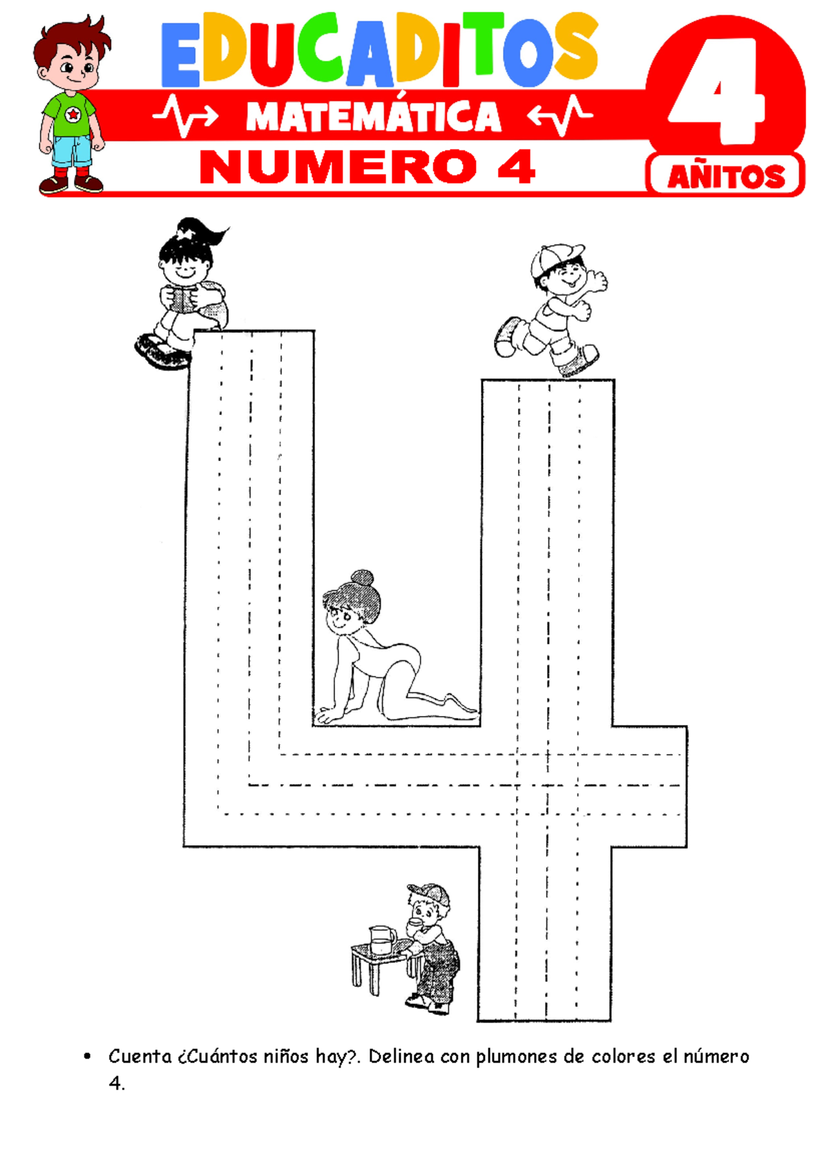 Numero 4 para Ninos de 4 anos - Cuenta ¿Cuántos niños hay?. Delinea con ...