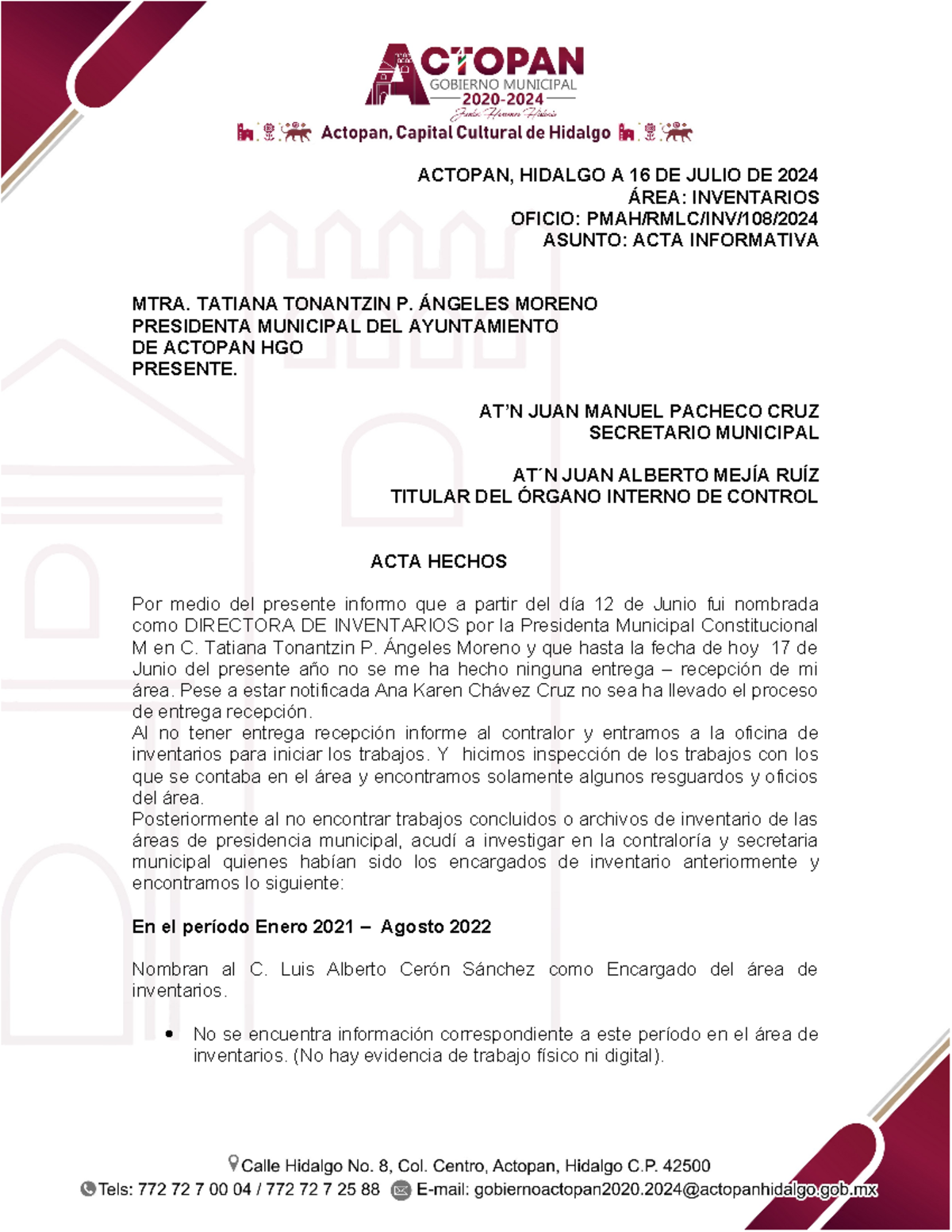 ACTA Informativa - ES UNA ACTA IMFORMATIVA REALIZADA DE LAS ACTIVIDADES DE UNA PERSONA QUE ...